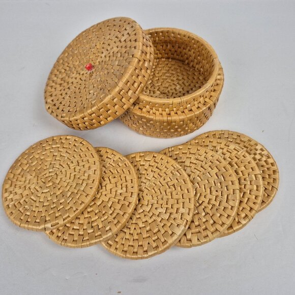 Vintage | Dining | Vintage Wicker Rattan Coaster Set With Lidded Round ...